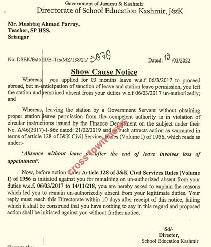 J&K Govt issues Show Cause Notice to 05 Govt Teachers for unauthorized ...