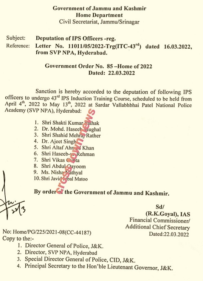 J&K Govt orders for deputation of 10 IPS Officers