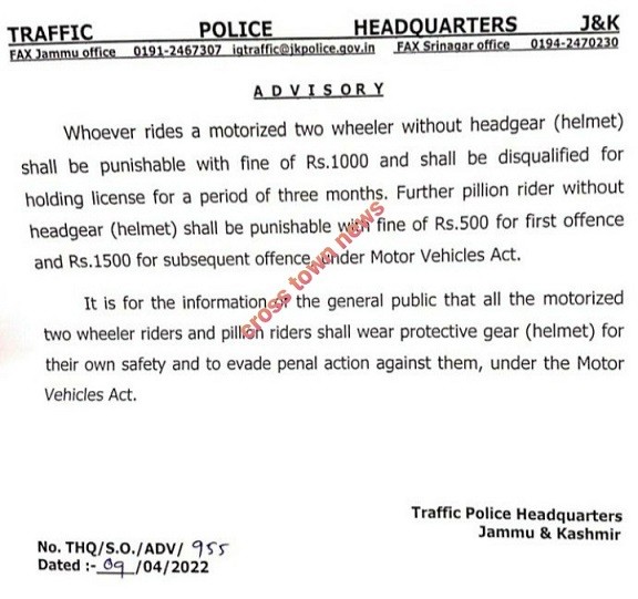 J&K Traffic Police to fine Rs.1000/- for driving without helmet