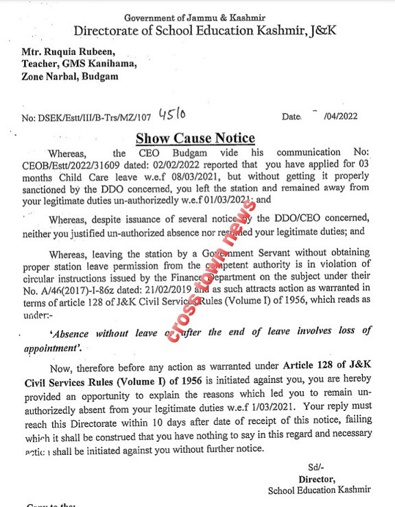 J&K Govt issues show cause notice to Employee for unauthorized absence