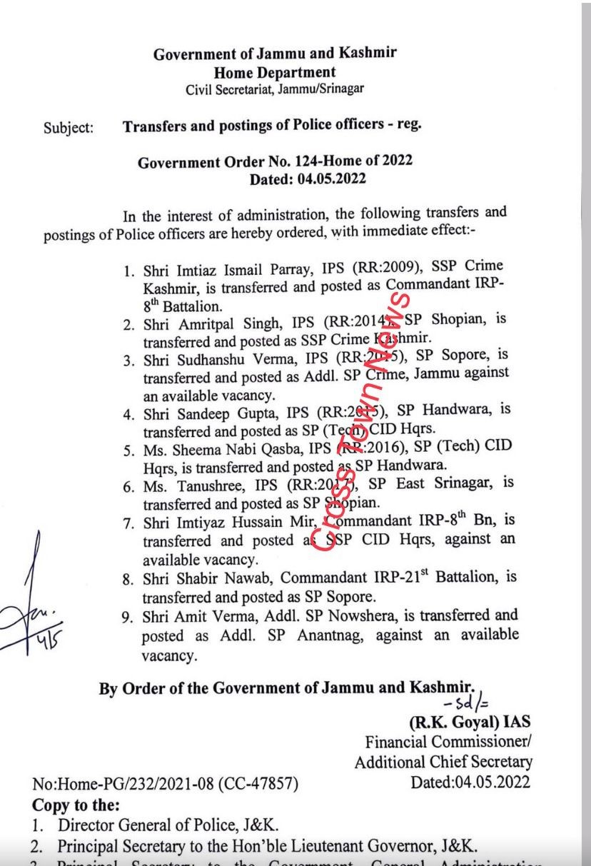 J&K Govt orders transfers and postings of SSP rank Police Officers