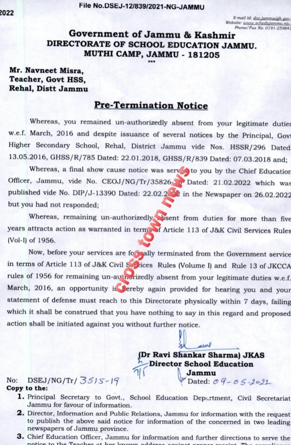J&K Govt issue pre termination notice to Govt employee