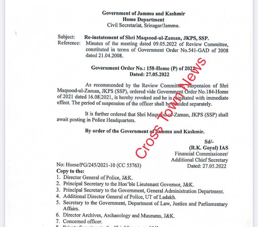 J&K Govt orders re-instatement of SSP rank Police Officer