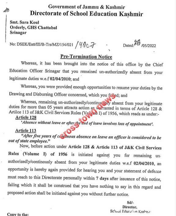 J&K Govt issues pre termination notice to Govt Official