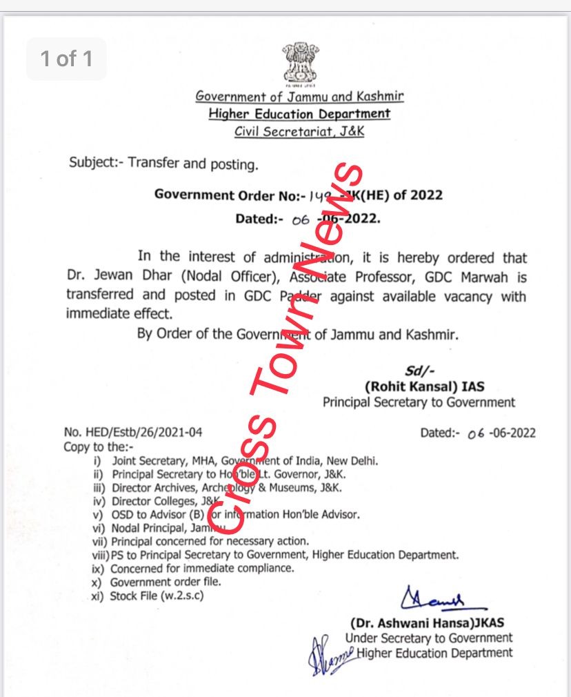 J&K Govt orders transfer and posting of Associate Professor J&K Govt orders transfer and posting of Associate Professor