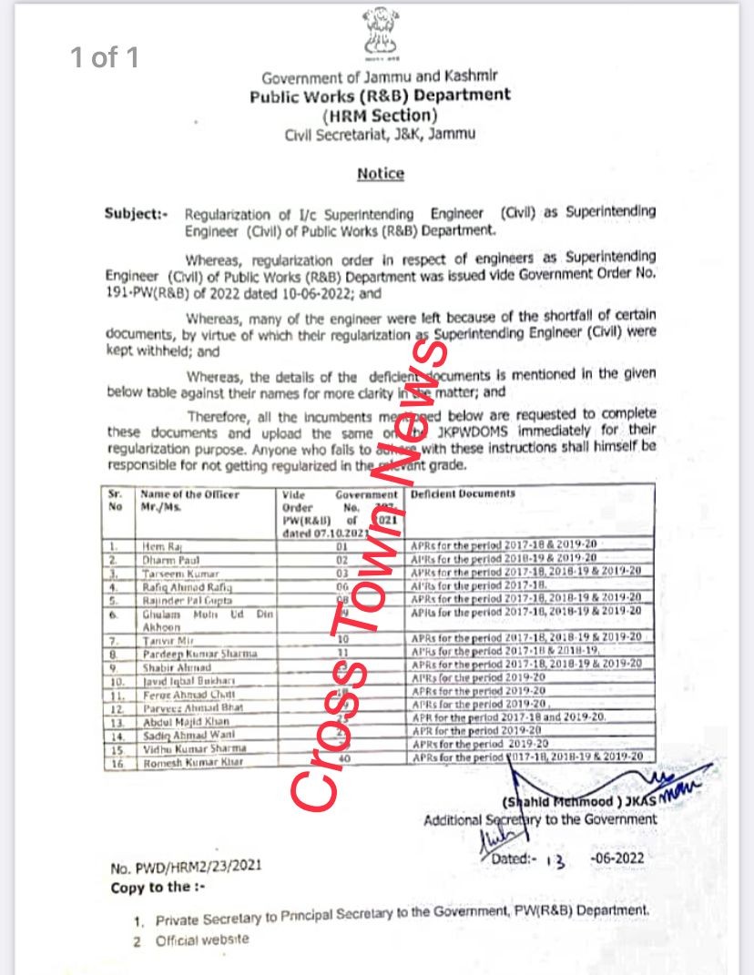 J&K Govt issues Notice over regularization of Engineers