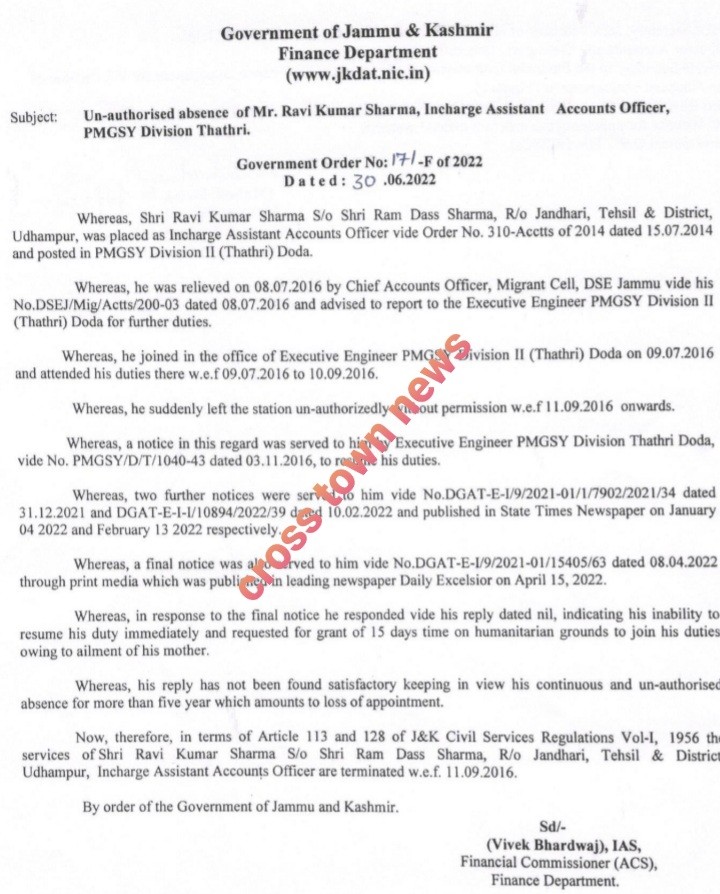 J&K Govt orders termination of Officer