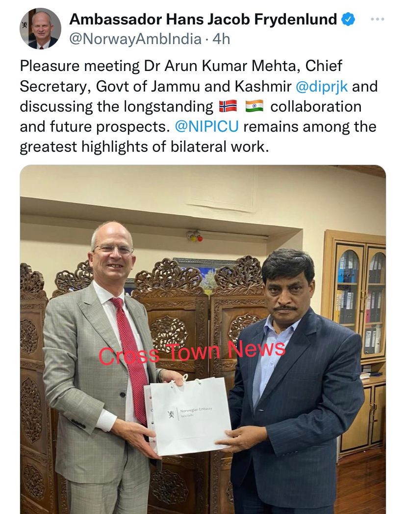 Norway Ambassador discusses future projects with CS J&K Arun Mehta