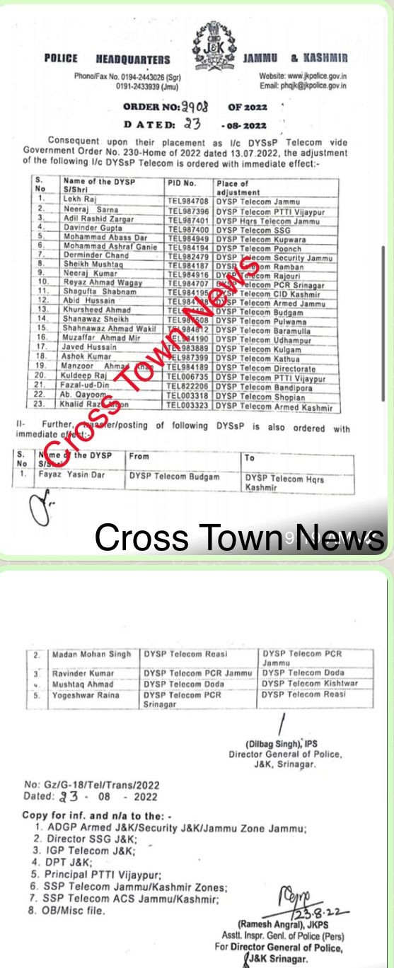 J&K Police orders adjustment/transfers of 28 DSPs
