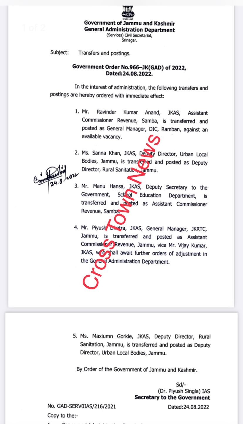 J&K Govt orders transfers and postings of 5 JKAS Officers : Piyush ACR ...