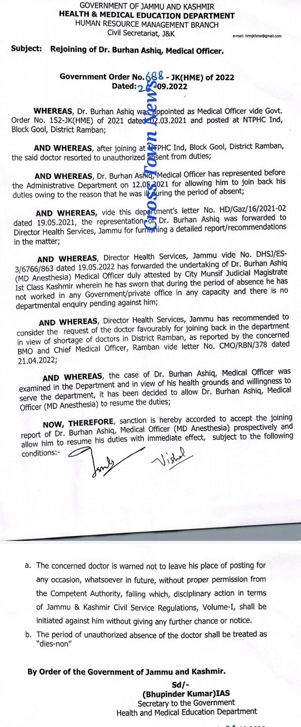 J&K Govt allows joining of Doctor with warning after long absence by ...