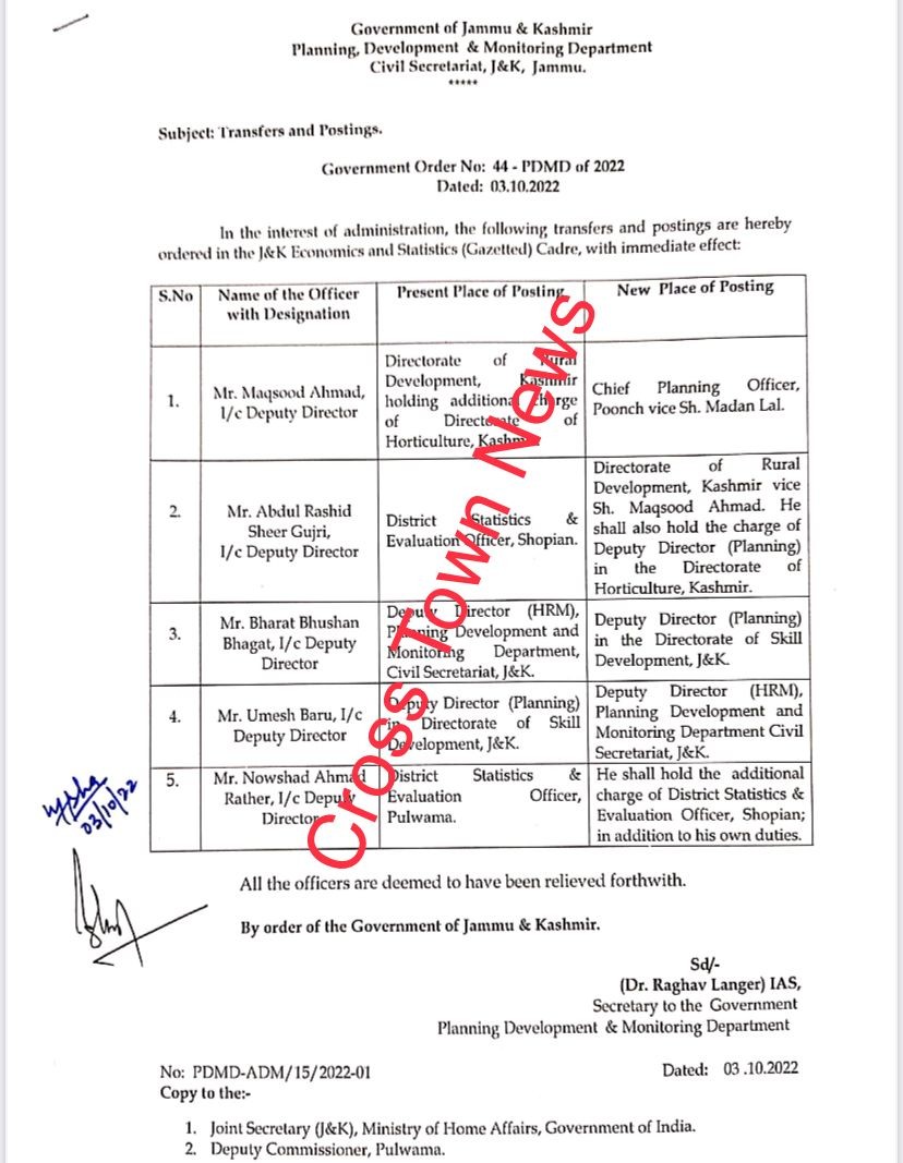 J&K Govt orders transfers and postings of Deputy Director rank Officers