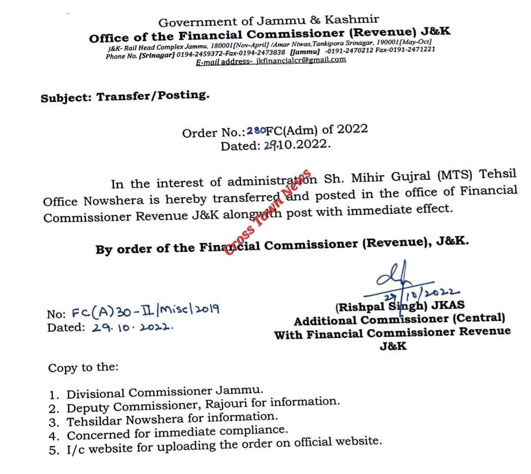 Transfer and posting in Revenue Department J&K - Cross Town News, a ...