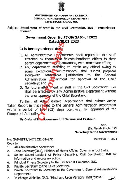 JKGAD orders Secretaries to repatriate attached staff & submit ATR ...