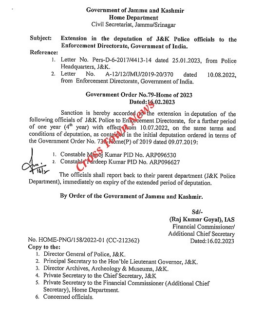 Extension of Deputation of J&K Police Officials to ED - Cross Town News ...
