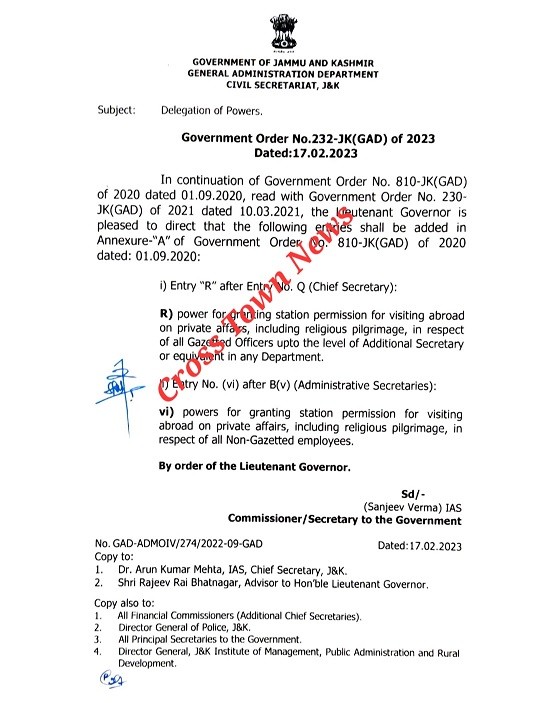 J&K Govt orders for addition in Delegation of Powers - Cross Town News ...